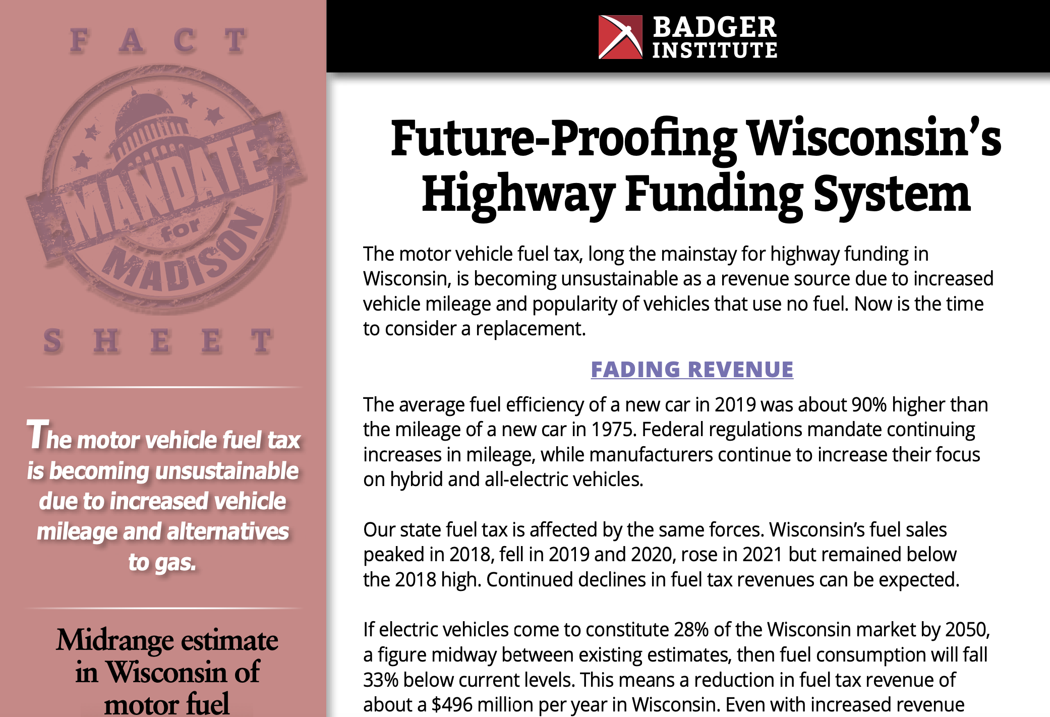 Transportation Funding Fact Sheet - Badger Institute